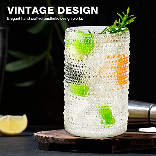 Hobnail Drinking Glasses 13 oz Cocktail Glasses Vintage Glassware Old Fashioned Drinking Glasses Embossed Glassware Cups for Beverage, Water, Wine, Beer, Juice, Mixed Drinkware (Clear, 12 Set)