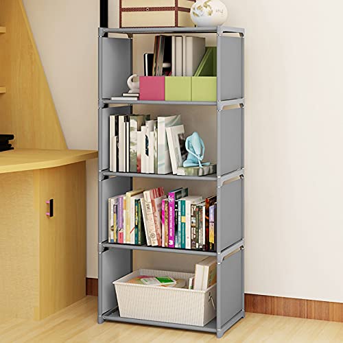DOONARCES 4 Tiers Grey Bookcase Bookshelf Free Standing Book Toys Storage Rack Organizer Display Shelf Waterproof Metal&Woven Fabric Shelf for Study Room Bedroom Living Room 16 * 10 * 49in