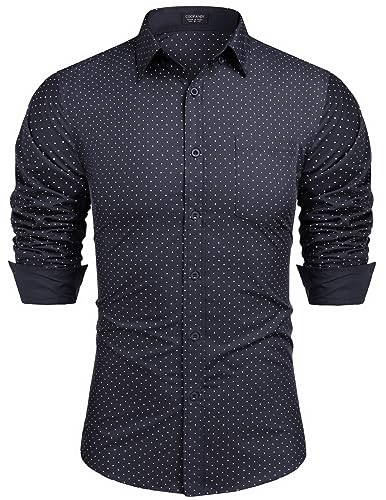COOFANDY Men's Business Dress Shirt Long Sleeve Regular Fit Shirt Casual Polka Dot Printed Button Down Shirts Navy Blue