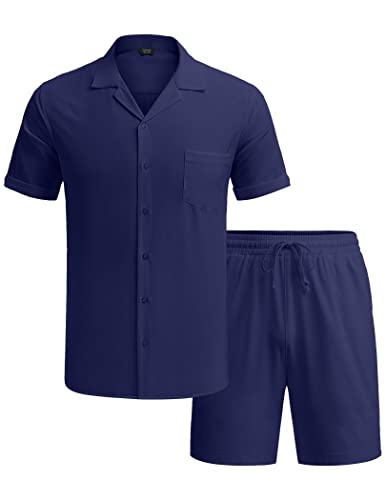 COOFANDY Men's 2 Pieces Shirt Set Short Sleeve Button Down Casual Hippie Holiday Beach T-Shirts Shorts Outfits (Navy Blue, Large)