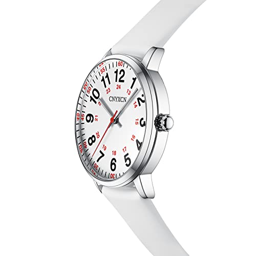 CNYXCN Nurse Watch for Medical Students,Doctors,Women Men with Second Hand and 24 Hour,Easy to Read Dial,Silicone Band,Water Resistant (White+White)
