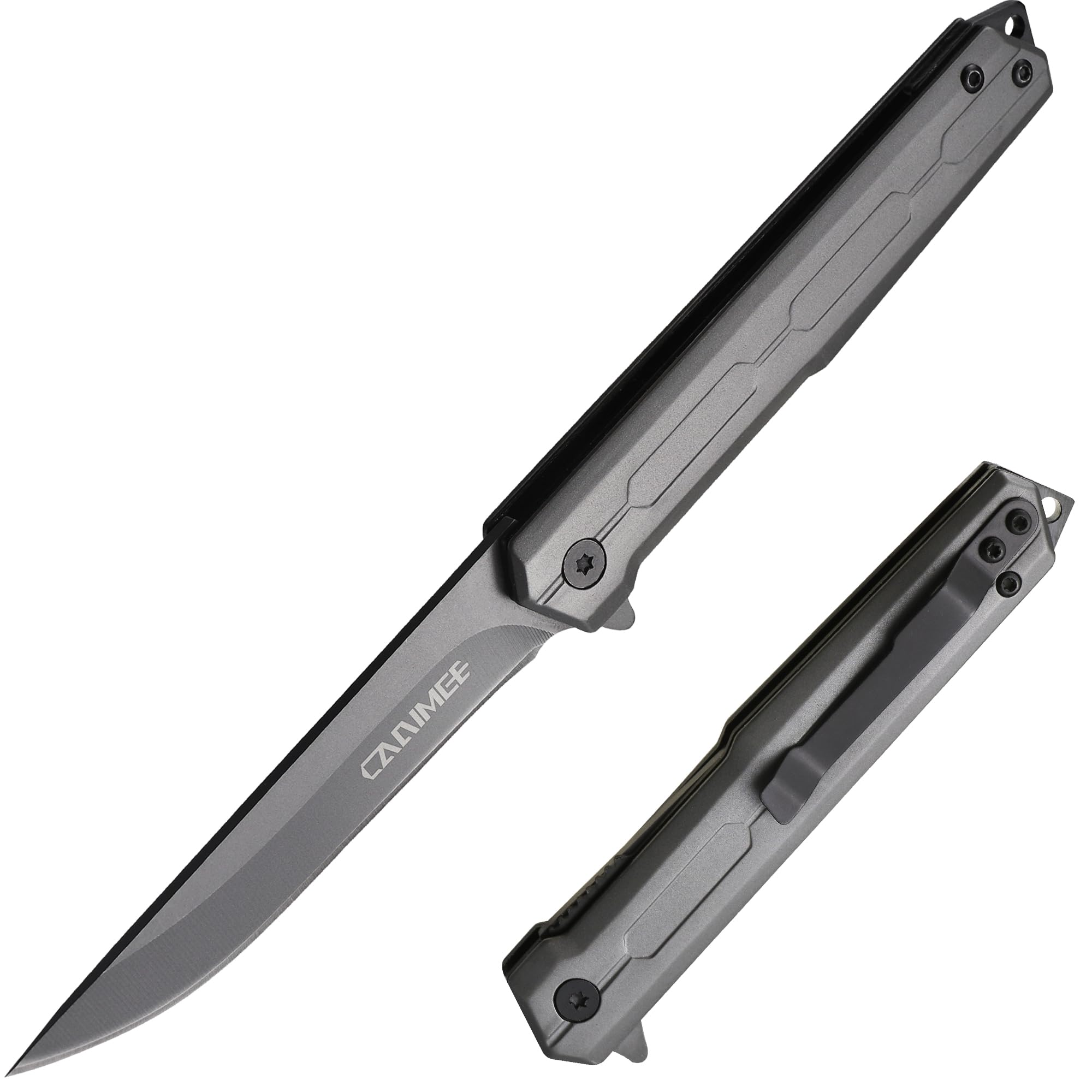 Carimee Pocket Folding Knife, Slim EDC Gentlemen Knife for men with 7Cr17Mov Steel Blade, Stainless Steel Handle, Pocket Clip, Glass Breaker, For Outdoor Acitivity, 2023 Gifts for Men Women, Grey