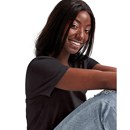Hanes Originals Cotton T-Shirt, Classic Crewneck Women's Tee, Curved Back Hem, Black, Large