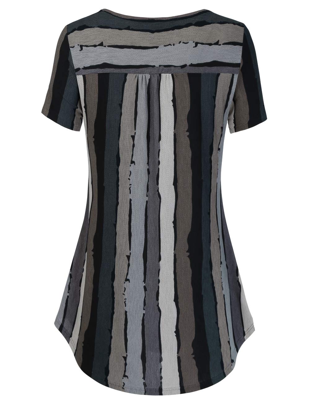 BAISHENGGT Women's Summer Short Sleeve Tops Bavarian Collar Pleated Button Henley Shirt Flared Tunic Shirts Grey Stripes Medium
