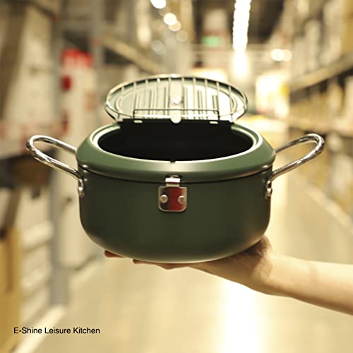 Deep Fryer Pot by E-Shine Leisure Kitchenware, Japanese Style Tempura Deep Fryer with Fahrenheit Thermometer, Small and Easy Clean, Vintage Green, DIAM. 9.5β