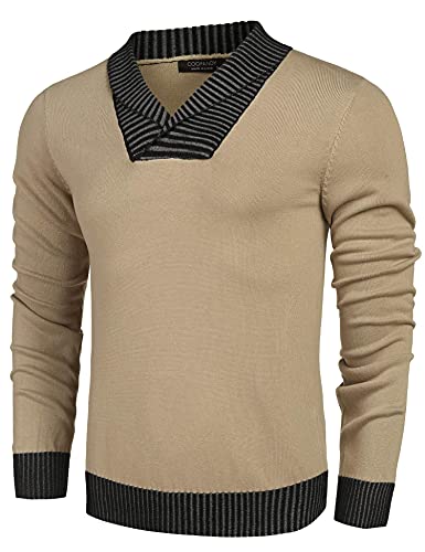 COOFANDY Mens Shawl Collar Knitted Sweater Casual Long Sleeve Pullover Khaki