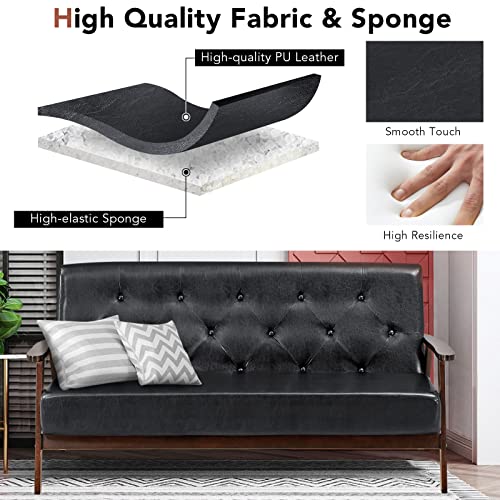 Giantex 3 Seat Sofa, Mid Century Retro Loveseat, Black Couch, PU Leather Upholstered Cushion, Rubber Wood Legs and Armrests, Stable A-Shaped Frame, for Living Room Bedroom Reception Room Office