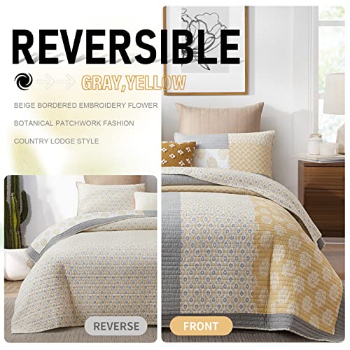 Finlonte Quilts Queen Size, 100% Cotton Lightweight Queen Quilt Set, Real-Patchwork Farmhouse Floral Quilted Bedspread, Yellow Grey White Reversible Soft Queen Quilt Bedding Set All Season, 3 Pieces