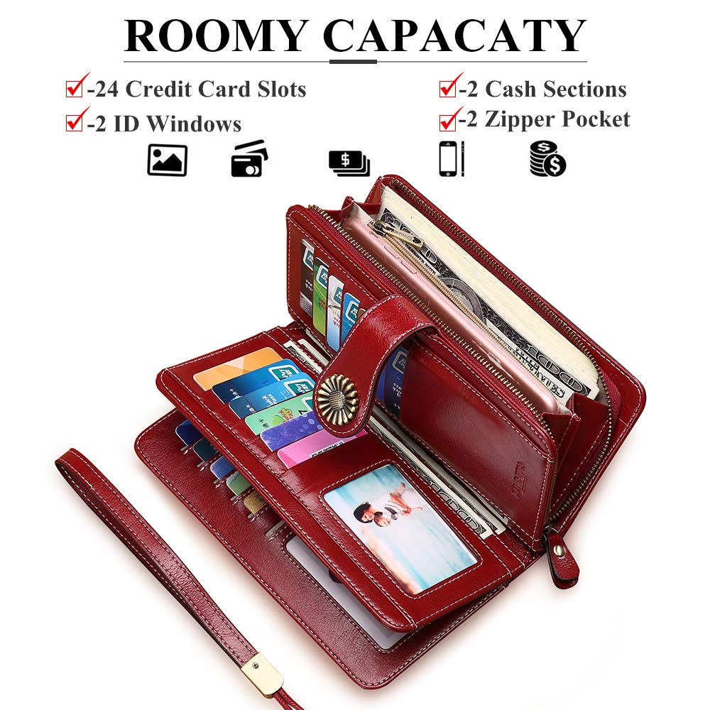 SENDEFN Genuine Leather Wallet for Women Clutch with Strap 24 Card Slots 2 ID Windows Cash Compartments 1 Zipper Pocket Credit Card Holder RFID Blocking Gift Box Included (Red-1)