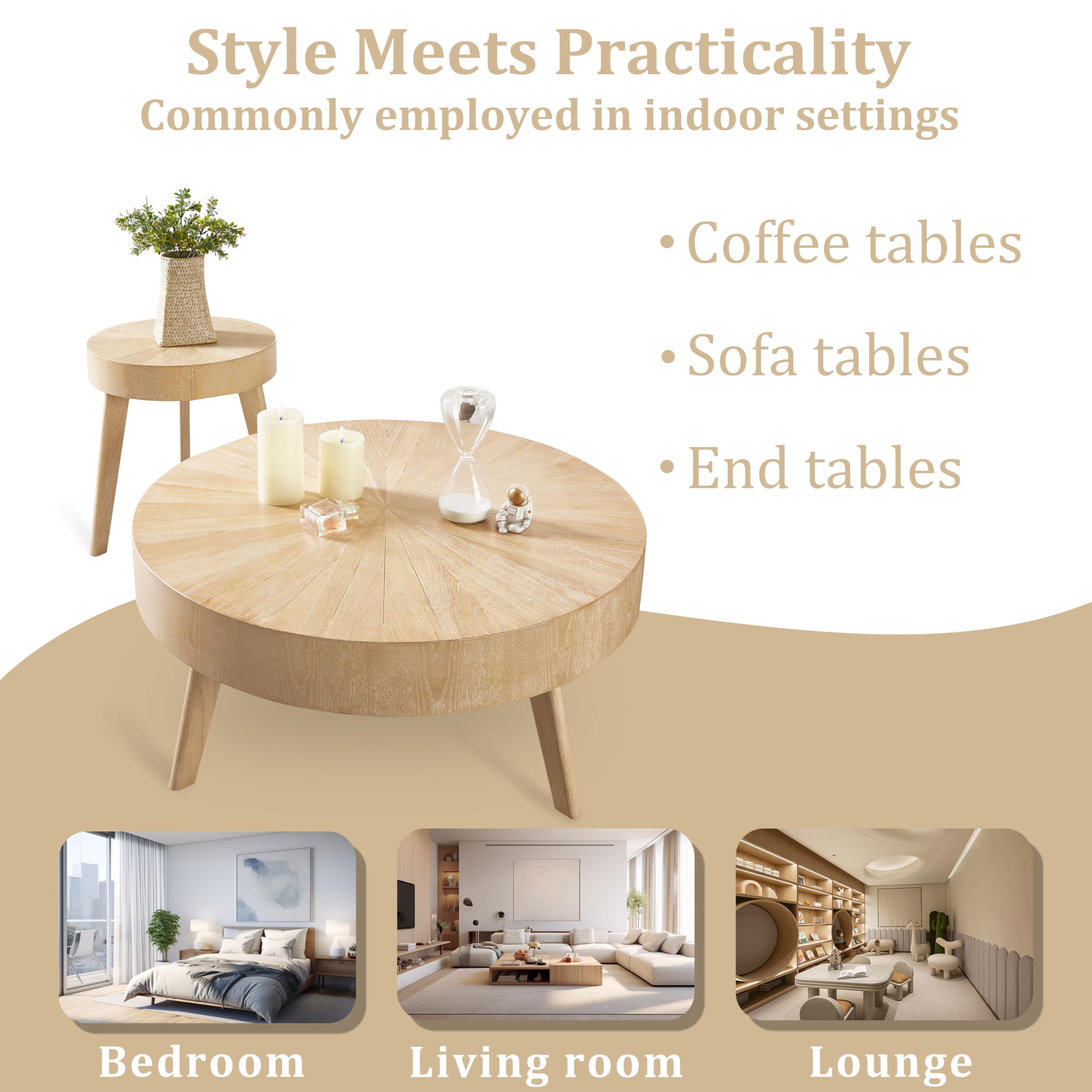 Gexpusm 2-Piece Solid Wood Coffee Table Set, Rustic Round Farmhouse End Tables for Living Room, 31x31x16 in, Light Brown