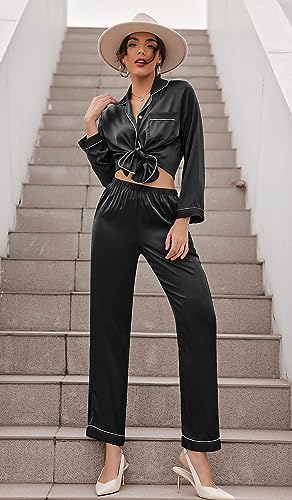 Ekouaer Satin Sleepwear Women's Long Sleeve Pajamas Silk Button Down Loungewear Two Piece Pjs Set (Black,S)