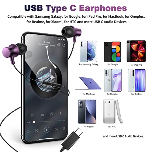 COOYA USB C Headphone, USB Type C Earphones Black+Purple 2 Pair of Wired Earbuds for Pixel 7 6a 6 Pro Magnetic Noise Canceling in-Ear Headset with Mic for iPad Pro Samsung Galaxy S22 Ultra S21 S20 FE