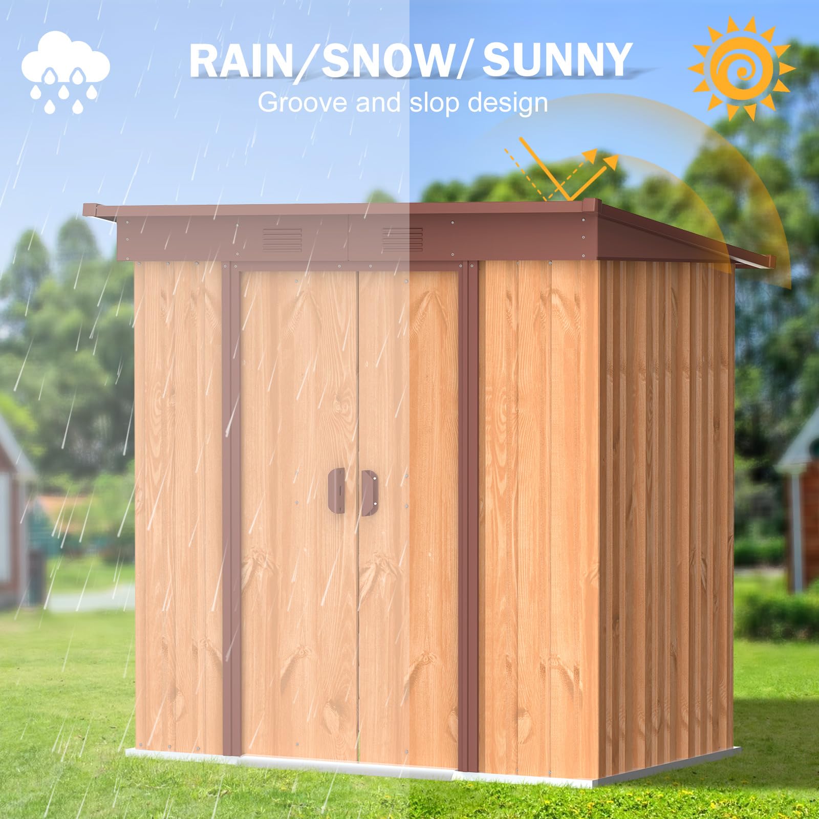 CDCASA 5.3' x 3.2' Storage Shed, Metal Outdoor Storage Sheds with Double Sliding Doors,Large Waterproof Tool Shed for Garden Patio, Backyard, Brown