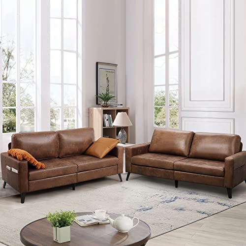 Esright Leather Sofa Couch, Faux Leather Couch 79" Wide, Mid Century Modern Couches for Living Room, Brown Leather Sofa Couch, Saddle Brown