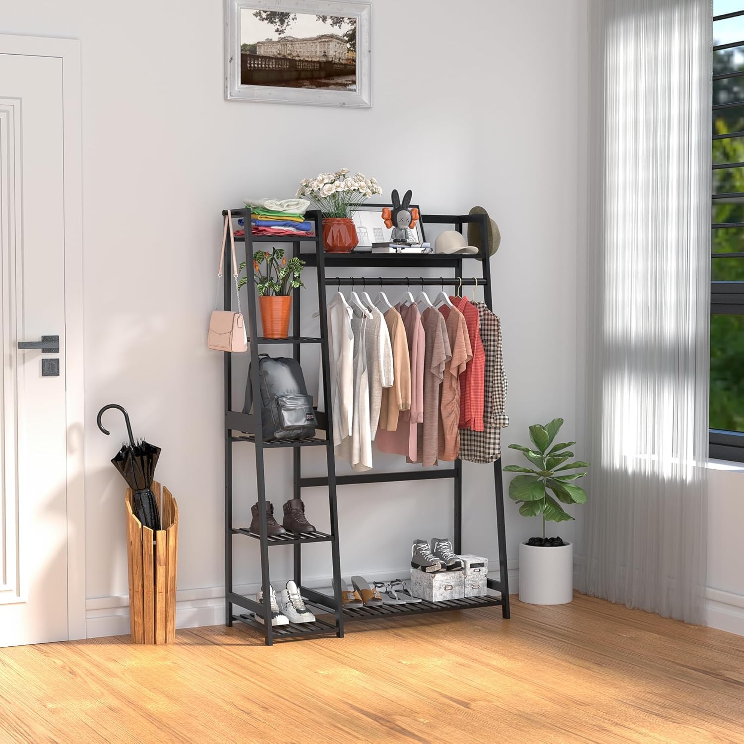 WTZ Clothes Rack for Hanging Clothes, Bamboo Garment Rack Heavy Duty Clothing Rack with Shelves for Living Room, Bedroom, Entryway, Bathroom (CR-538 White)