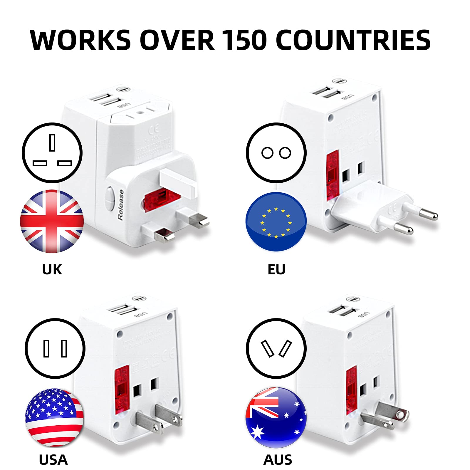 Universal Travel Adapter - 2 USB Ports Wonplug International Power Plug Adapter Small Wall Charger Adaptor for European US UK Thailand NZ Australia 150+Countries White