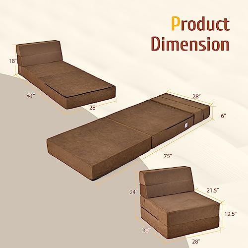 Giantex Convertible Sofa Bed, Floor Couch Sleeper, Folding Futon Guest Bed, Modern Chaise Lounge Upholstered Padded Cushion, Large Accent Chair Living Room Bedroom Brown