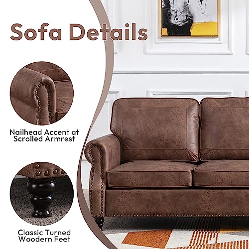 Dreamsir 79'' Traditional Faux Leather Sofa Couch with Nailhead Trim, Classic 3-Seater Sofa with Rolled Arms for Living Room, Bedroom, Apartment, Easy Assembly (Dark Brown)
