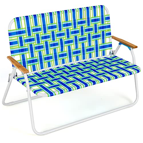 Giantex Folding Beach Camping Chair - Webbing Chair with Armrest, Foot Pad, Metal Frame, 661 Lbs Capacity, Outdoor Portable Lounge Chair for Patio, Poolside, Fishing, Yard, Lawn Chair (2 Person, Blue)
