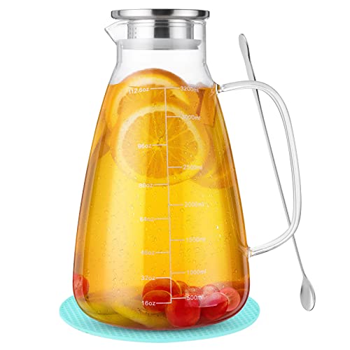 Hannadepot Glass Pitcher, Glass Water Pitcher with Lid, 118oz/0.92 Gallon Heat Resistant Borosilicate Glass Carafe with Pot Holder and Spoon Temperature Safe (118oz/3.5L)