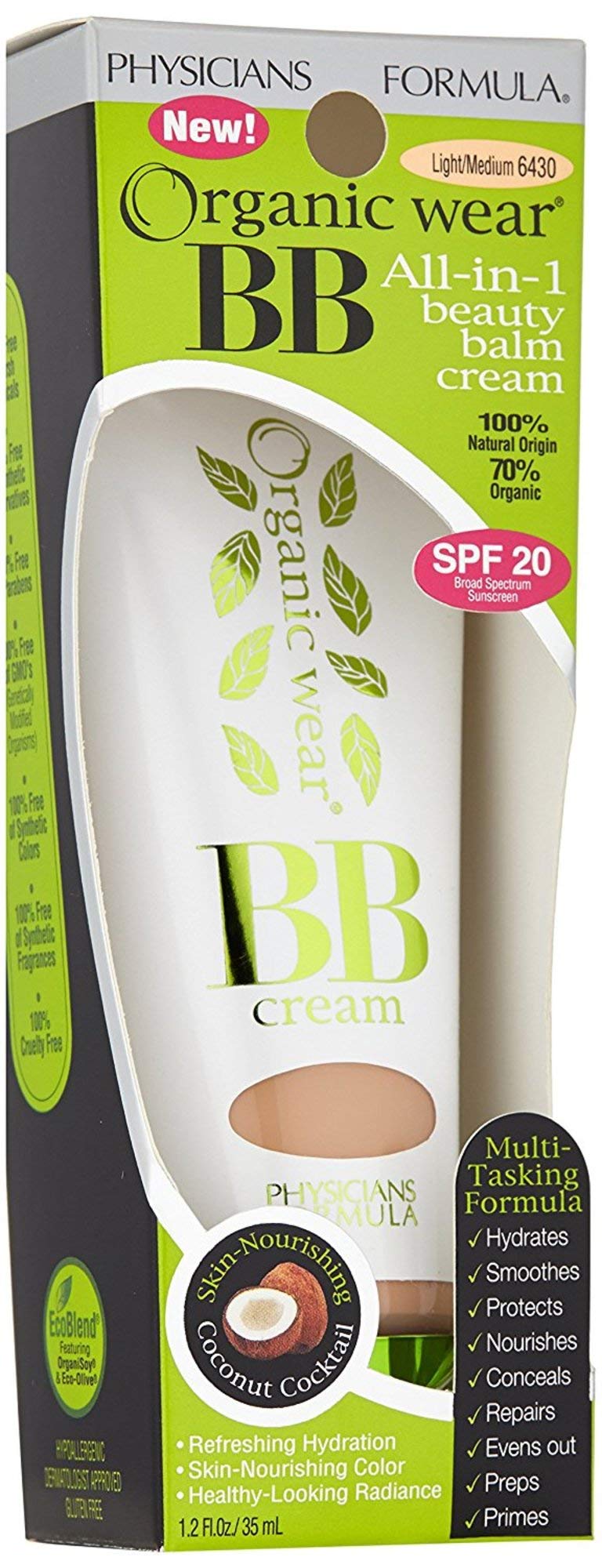 Physicians Formula Organic Wear 100% Natural Origin BB Beauty Balm Cream, Light/Medium, 1.2 Fluid Ounce