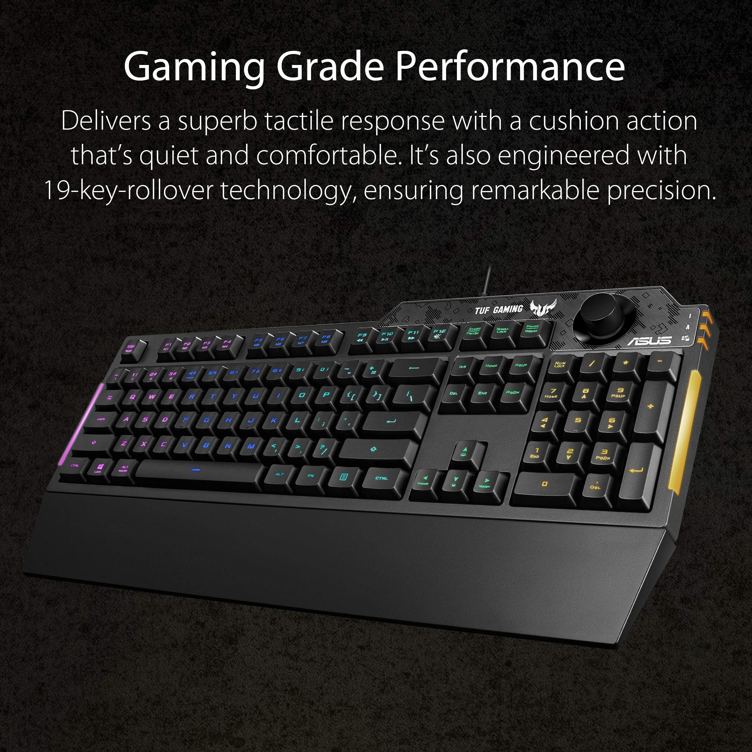 ASUS Membrane Gaming Keyboard for PC - TUF K1 | Programmable, Onboard Memory | Dedicated Volume Knob, Aura Sync RGB & Side Lighting | Detachable Wrist Rest | Spill-Resistant | Highly Durable | Black