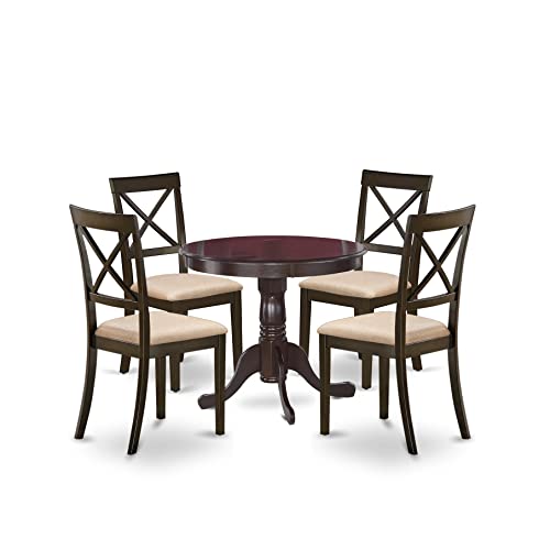 East-West Furniture ANBO5-CAP-C Wooden Dining Table Set- 4 Amazing Dining Room Chairs with Linen Fabric seat and A Mid Century Dining Table (Cappuccino Finish)