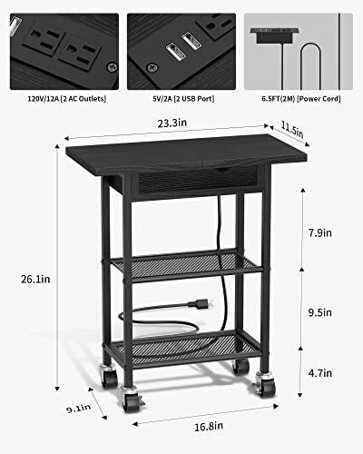 Egepon End Table with Charging Station, Side Table Narrow Flip Top with USB Ports & Power Outlets for Small Spaces, Sofa Table Nightstand with Storage Shelves Rolling Wheels for Living Room Bedroom