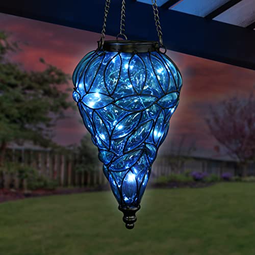 Exhart Outdoor Garden Solar Lights, Tear-Shaped Glass and Metal Hanging Lantern, 15 Firefly LED Lights, 7 x 24 Inch, Blue