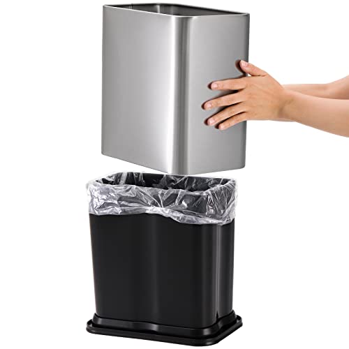 Coloch 10L Rectangle Metal Trash Can, 2.6 Gallon Stainless Steel Wastebasket Slim Size Garbage Bin Silver Invisi-Overlap Open Top Rubbish Bin for Bathroom, Kitchen, Home, Hotel, Office, School