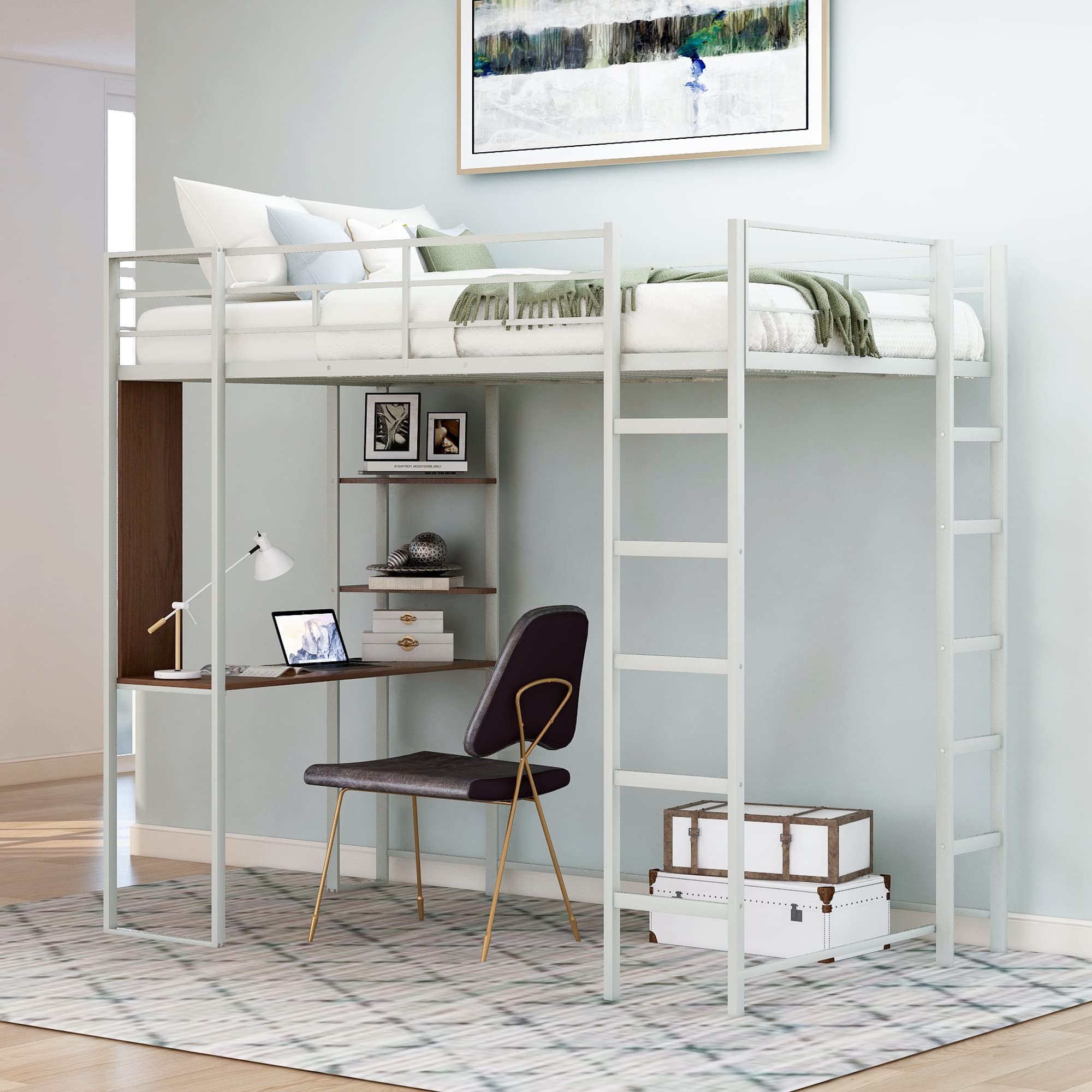Harper & Bright Designs Twin Size Loft Bed with Desk, Heavy Duty Metal Loft Bed Twin with Shelves, Twin Metal Loft Bed Frame for Kids,Teens, No Box Spring Needed,Silver
