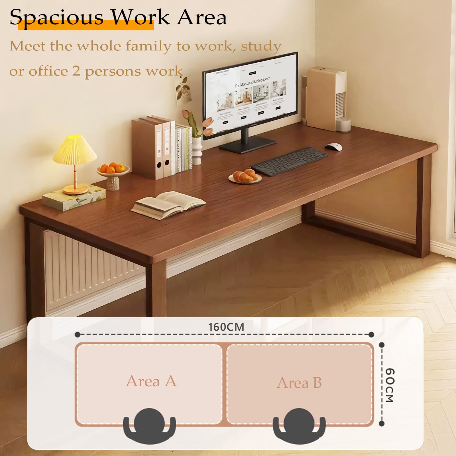 OSCHF Wooden Extra Long Desk - 55" Double Long Writing Study Table with Solid Wood Legs, 2-Person Computer Workstation for Home and Office Work, Dark Walnut