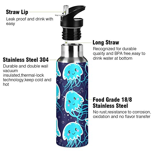 Cute Jellyfish Leak Free Insulated Bottles with Handle 32 oz Vaccuum Bottle with Straw Lid Thermal Bottle for Hot & Cold Drinks BAP-Free