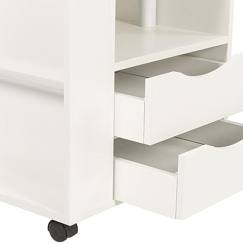 EKSED Multifunctional Height Adjustable Nightstand, Overbed End Table Wooden Night Stand with Swivel Top,Bedside Table with Storage Drawers, Wheels and Open Shelf, Easy Assembly, White
