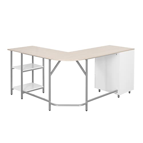 Techni Mobili L Shaped Desk - Two-Toned Computer Desk with Drawers & Storage Shelves - Simple Modern Furniture & Home Office Space Corner Table for Work & Writing