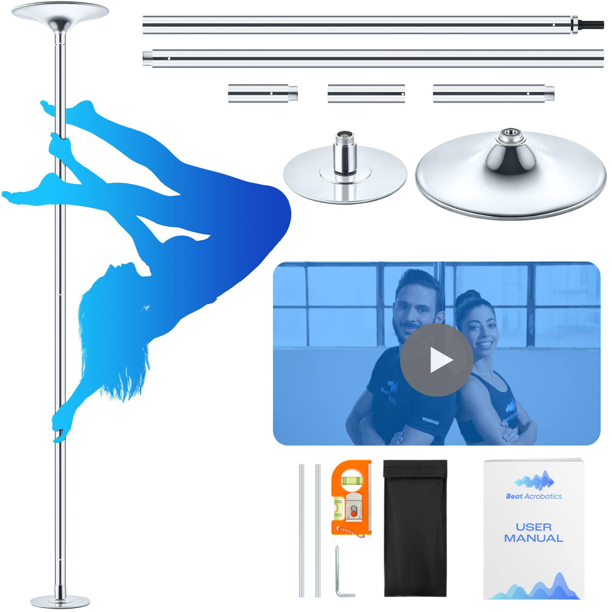 BEAT ACROBATICS Portable Dancing Pole (87"-108") / Pole Dancing Mat Bundle