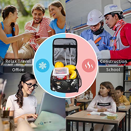 GAMSJM White Flower Lunch Box for Women, Black Insulated Lunch Bag