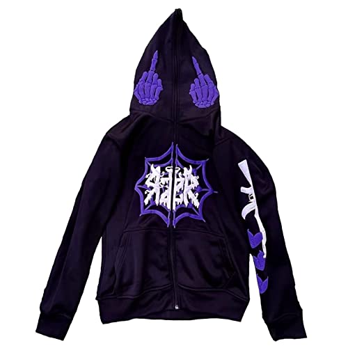 COOLMONAR Rhinestone Skeleton Skull Spider Hoodie Y2K Full Zip Up Vintage Jacket Oversized Gothic Sweatshirt Alt Emo Grunge Clothes
