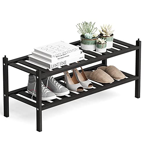 Dranixly Shoe Rack, 2-Tier Bamboo Stackable Shoe Shelf Storage Organizer, Shoe Stand for Closet, Entryway and Hallway (Black)