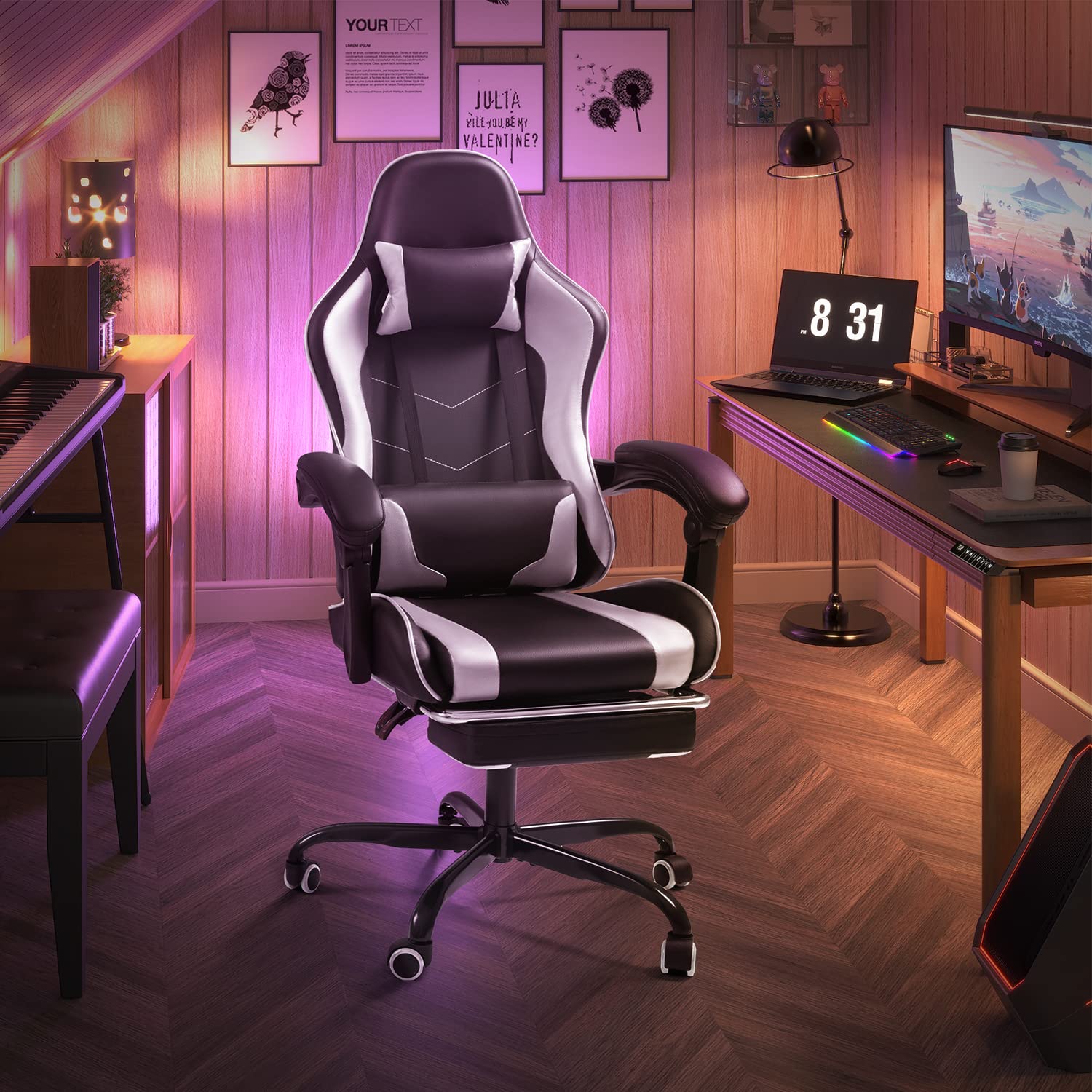 Shahoo Gaming Chair with Footrest and Massage Lumbar Support, Video Racing Seat Height Adjustable with 360°Swivel and Headrest for Office or Bedroom, Red and Black