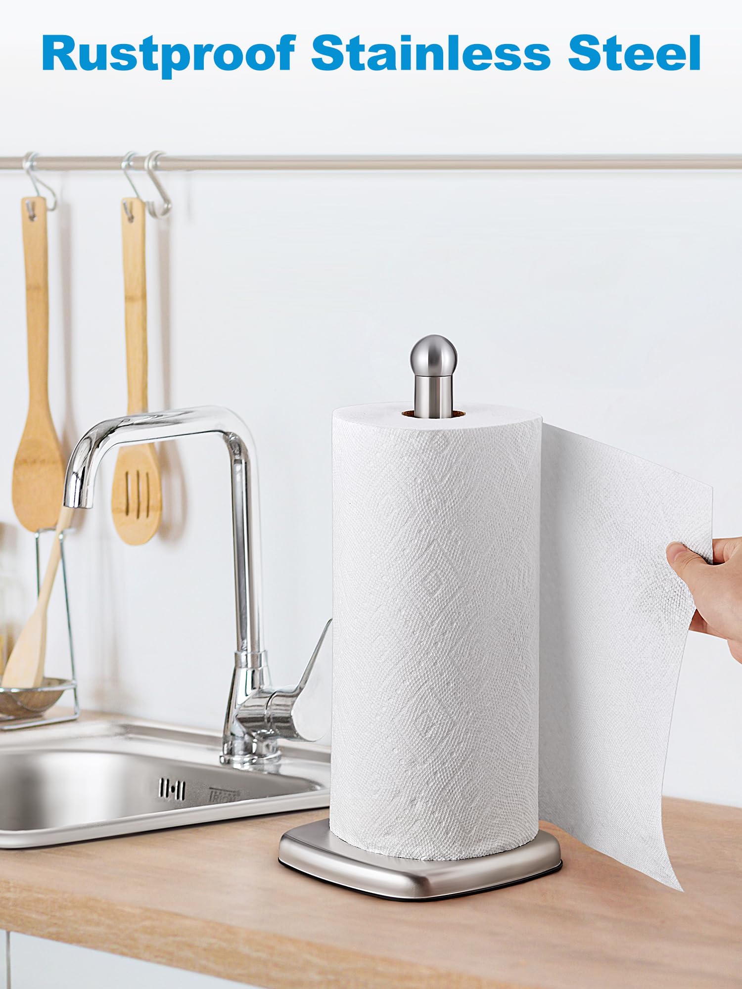 SMARTAKE Paper Towel Holder for Countertop, Standing Kitchen Roll Holder with Suction Cups, Non-Slip Paper Towel Stand, Stainless Steel, Weighted Base, for Kitchen Bathroom, Square Base (Silver)