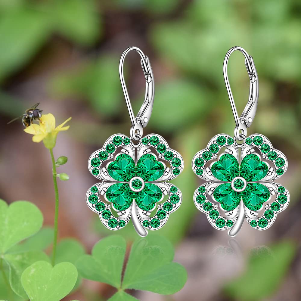 Shamrock Earrings St Patrick’s Day Earrings Four Leaf Clover Earrings for Women Sterling Silver Lucky Dangle Drop Green Clover Irish Celtic Gifts