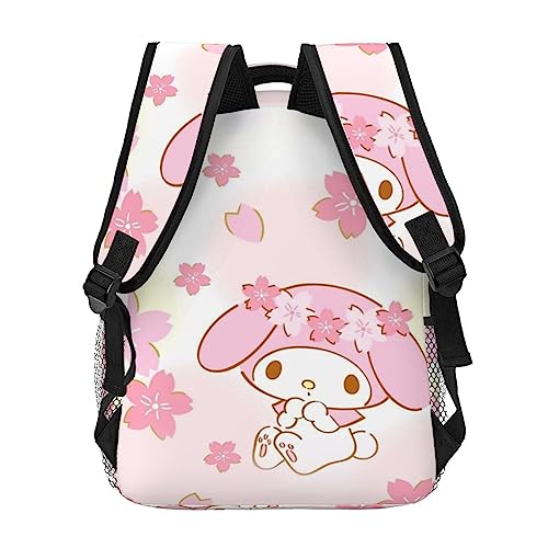 Cute My Bunny Melody And Flowers Backpack Cartoon My Bunny Melody Characters Backpack Double Shoulder Strap Adjustable Durable Laptop Bag Backpacks Lightweight Cute Travel Daypack With Keychain