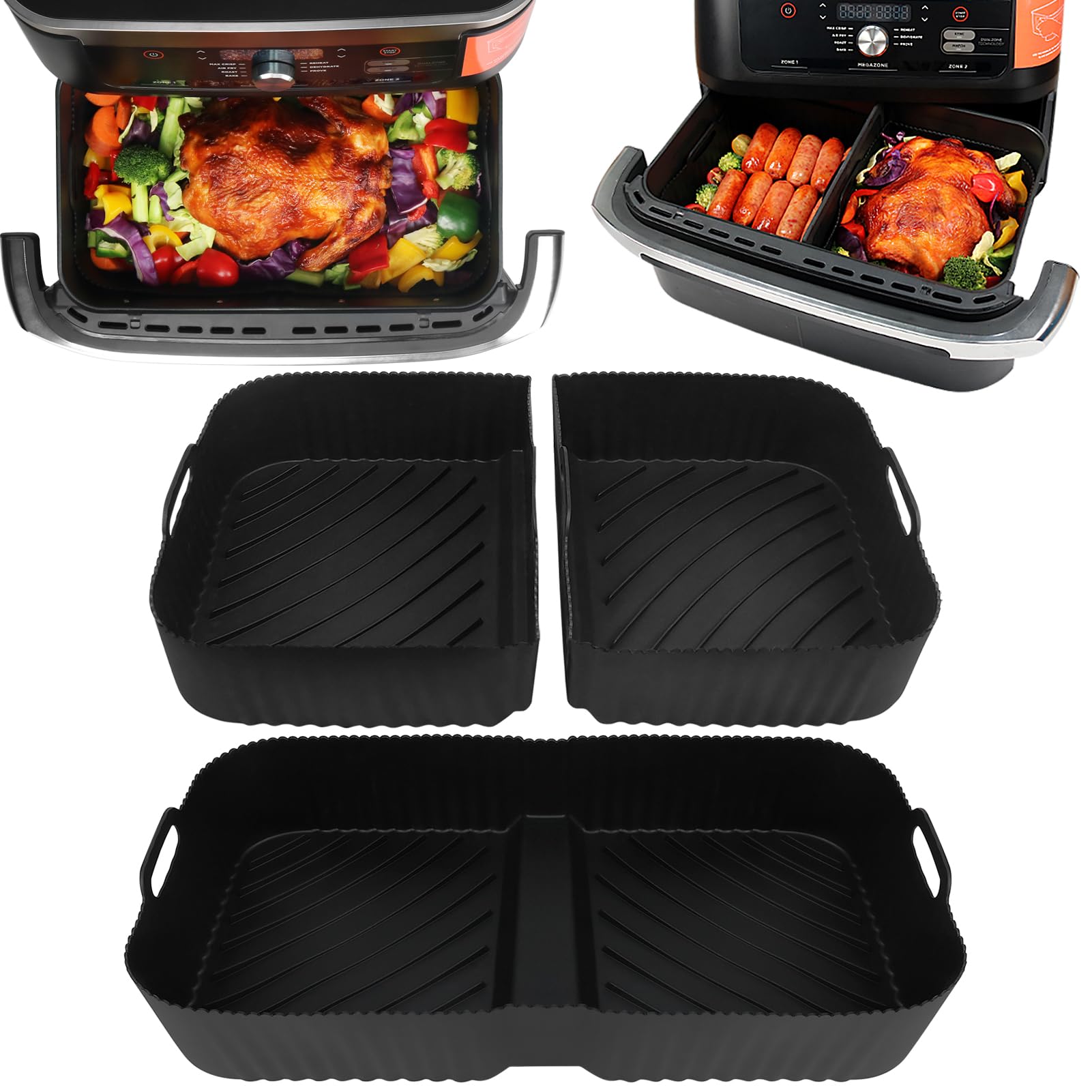 BYKITCHEN Air Fryer Silicone Liners for Ninja Foodi 11 Quart/Topzee 11-QT Large XL MegaZone FlexBasket Air Fryer, 2pcs Air Fryer Dual Liners & 1pcs Large Airfryer Liners for 11-qt Megazone