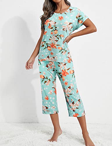 Ekouaer Women's Pajamas Short Sleeve Sleepwear Tops and Capri Pants Cute Print Pajama Sets with Pockets Green Flowers