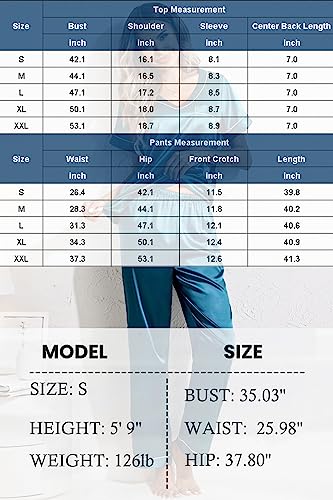 Ekouaer Women's Satin Silky Pajama Set Short Sleeve T Shirt with Long Pant Pj Set Two Piece Pj Loungewear Blue