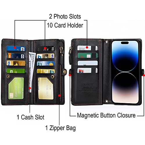 DKDKSIP for iPhone 14 Pro Max Wallet Case for Women, Support Wireless Charging with RFID Blocking Card Holder, Leather Zipper 2 in 1 Detachable Magnetic Phone Case with Crossbody Strap Wristlet, Black