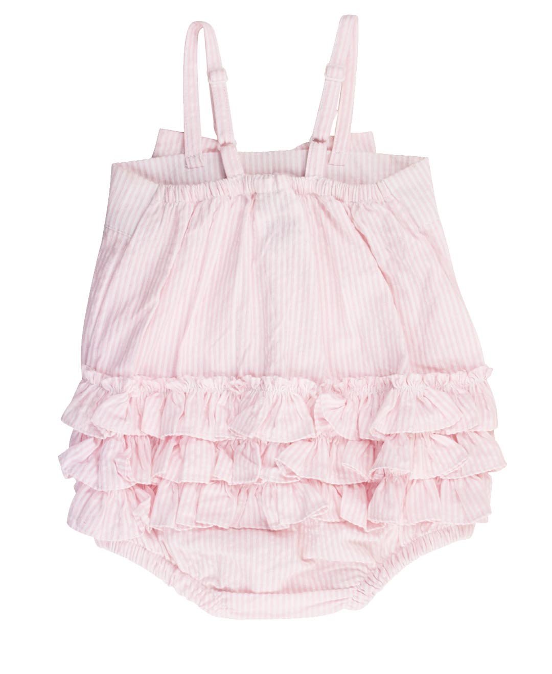 RuffleButts® Baby/Toddler Girls Pink Striped Seersucker Bubble Romper w/Bow - 3-6m