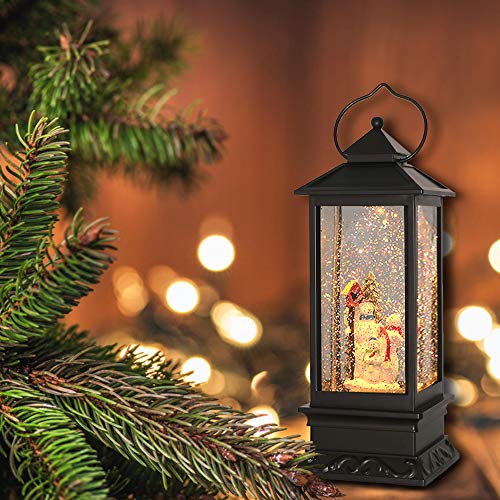 Eldnacele Christmas Snow Globe Lantern with Music, Battery Operated Lighted Swirling Glitter Water Lantern with Timer for Christmas Home Decoration, Snowman