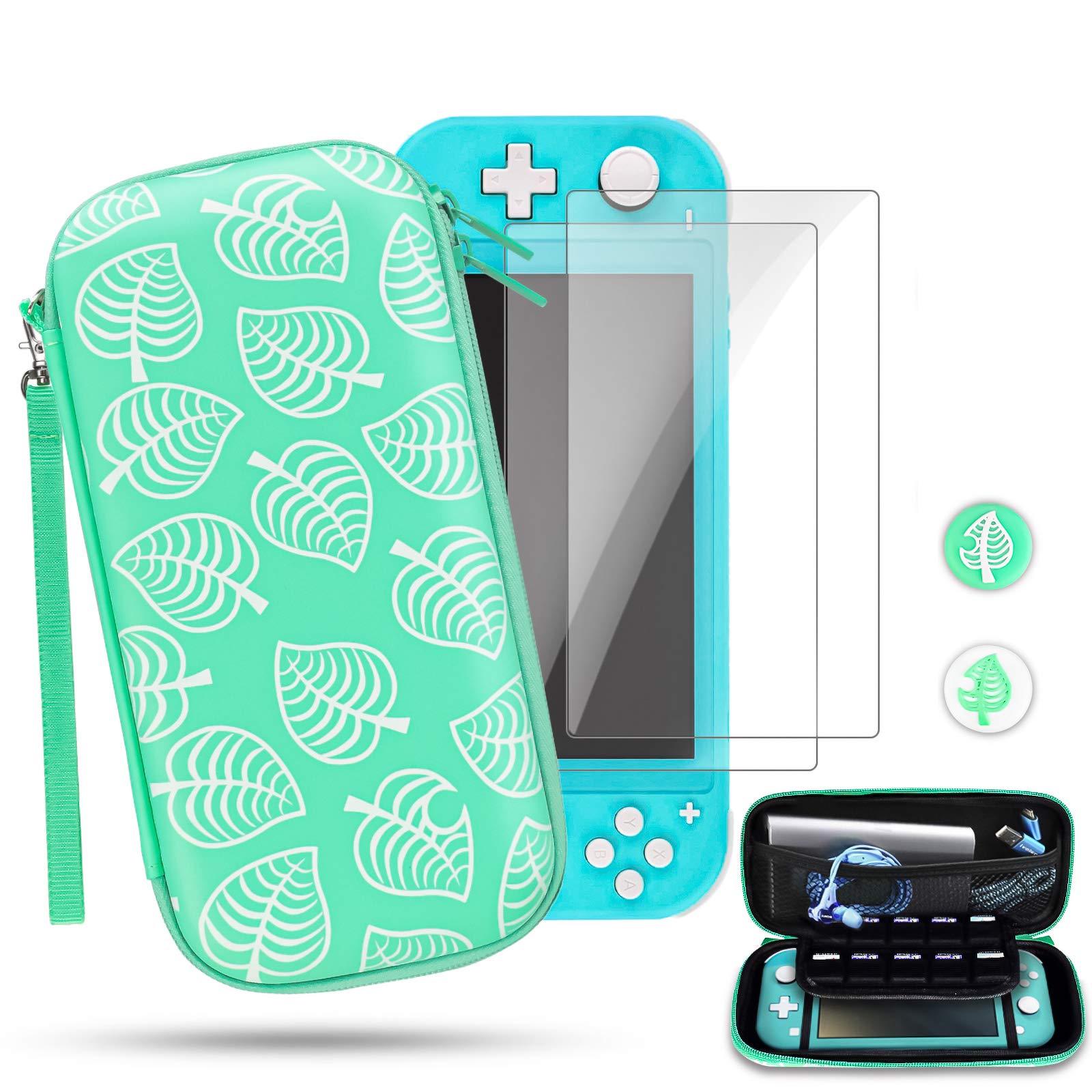 DLseego Carrying Case for Switch lite,New Leaf Crossing Design Portable Travel Carrying Case 3 in 1 Accessories Kit with 2 Pcs Screen Protectors and 2 PcsThumb Grips Caps